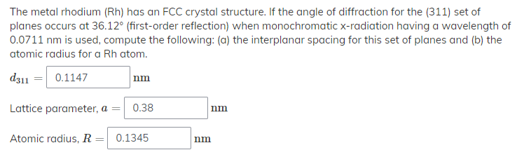 Solved The metal rhodium (Rh) has an FCC crystal structure. | Chegg.com