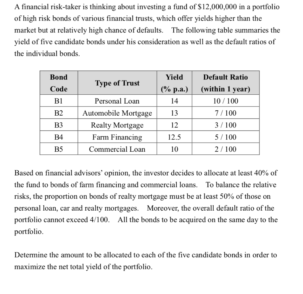 Solved A financial risk-taker is thinking about investing a | Chegg.com