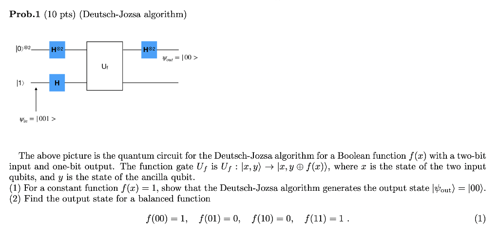Prob.1 (10 pts) (Deutsch-Jozsa algorithm) The above | Chegg.com