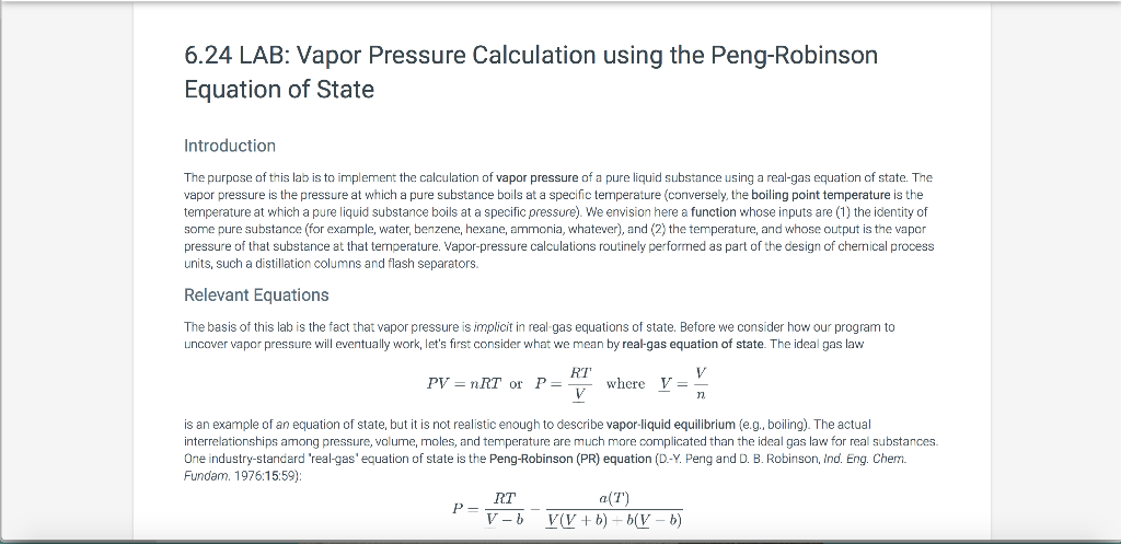 6.24 LAB: Vapor Pressure Calculation using the Peng-Robinson Equation ...