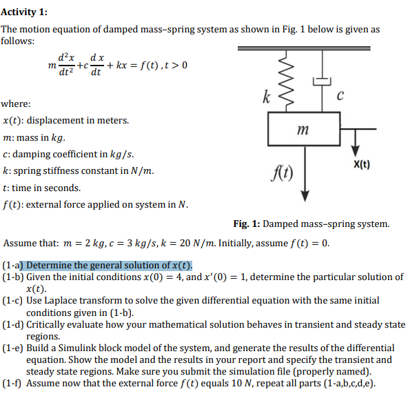 Activity 1: The motion equation of damped mass-spring | Chegg.com