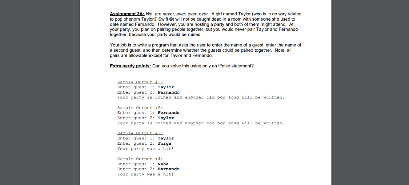 Solved Assignment 3A: We, are never, ever, ever, ever. A | Chegg.com