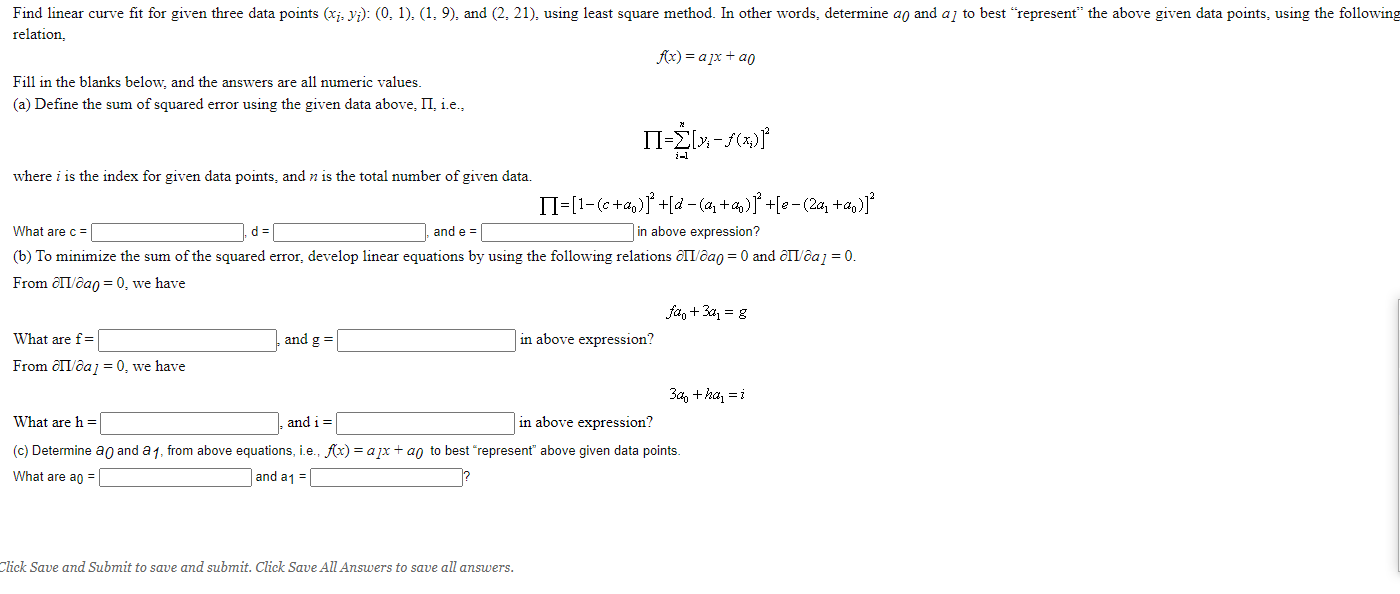 Solved Find linear curve fit for given three data points | Chegg.com
