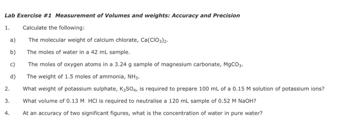Solved Lab Exercise #1 Measurement of Volumes and weights: | Chegg.com