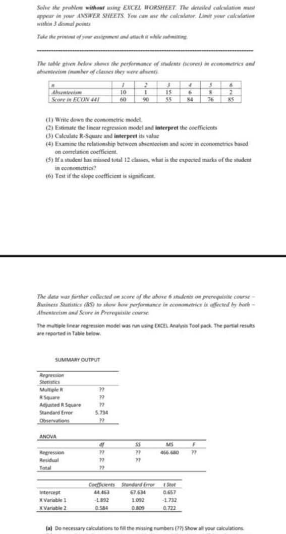Solve the problem without using EXCEL WORSHEET: The | Chegg.com