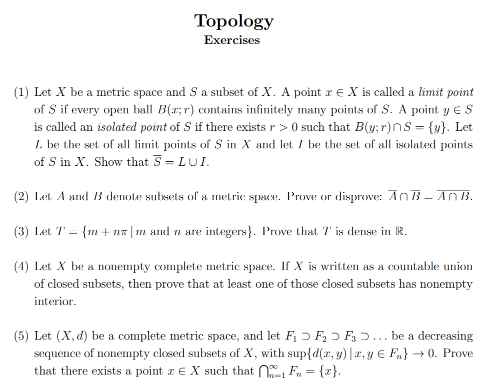 Solved Topology Exercises (1) Let X be a metric space and S | Chegg.com