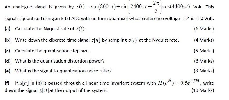 Solved 2п An analogue signal is given by s(t)=sin(800 | Chegg.com