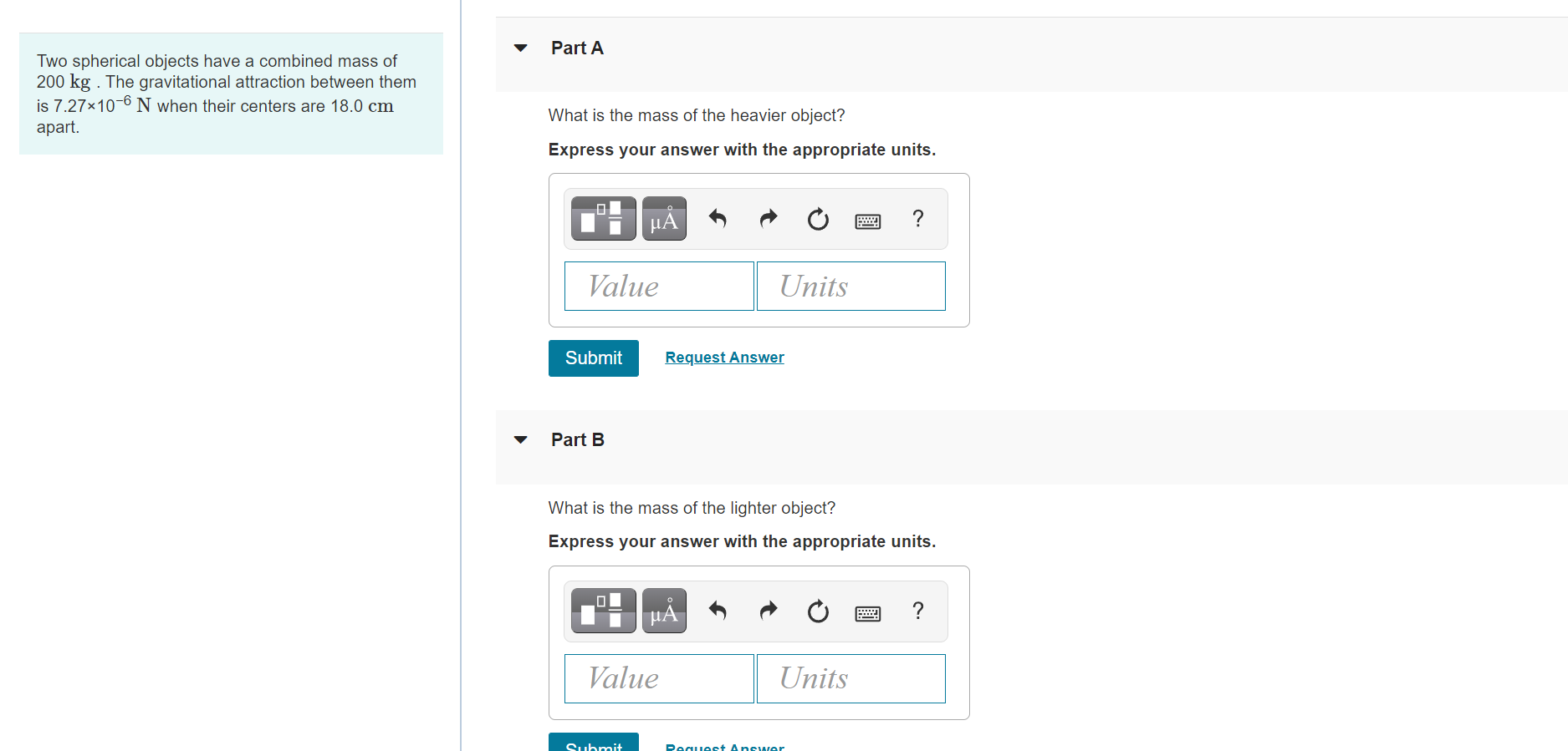 Solved Part A Two spherical objects have a combined mass of | Chegg.com