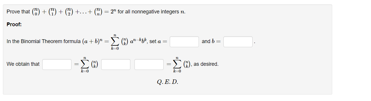 Solved Prove that (n0)+(n1)+(n2)+…+(nn)=2n for all | Chegg.com