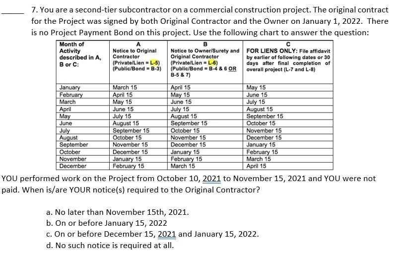 Solved B 7. You are a second-tier subcontractor on a | Chegg.com