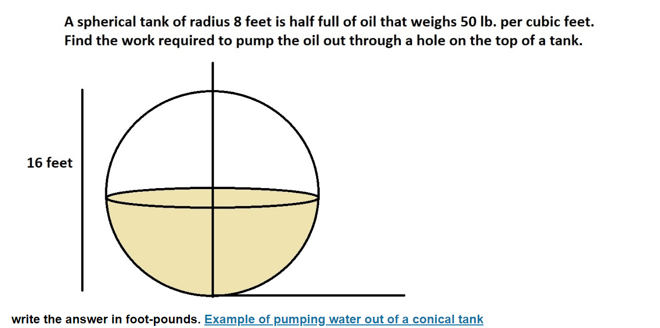 Solved A spherical tank of radius 8 feet is half full of oil | Chegg.com