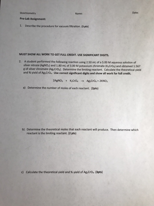 Solved Stoichiometry Pre-Lab Assignment: 1. Describe the | Chegg.com