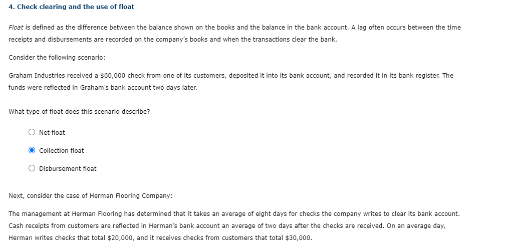 Solved 4. Check clearing and the use of float Float is | Chegg.com