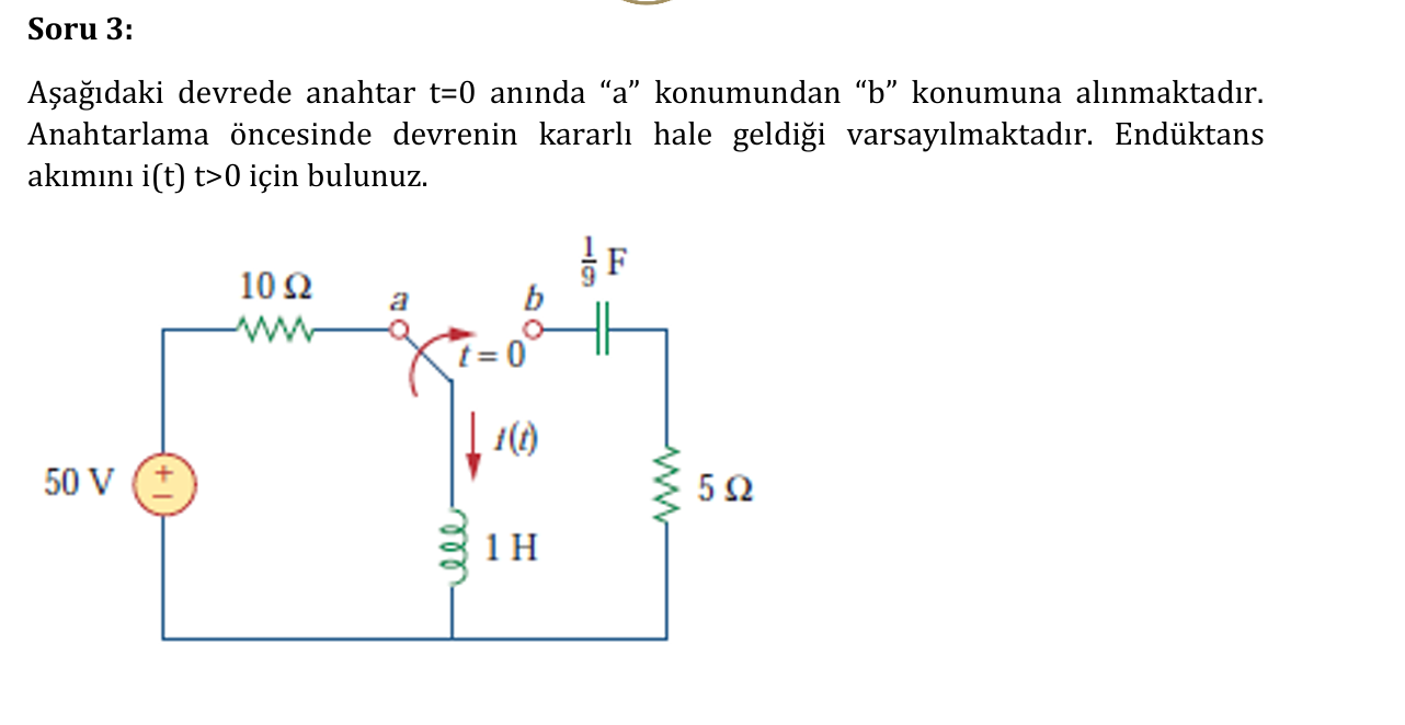 Solved Soru 3: Aşağıdaki devrede anahtar \( \mathrm{t}=0 \) | Chegg.com