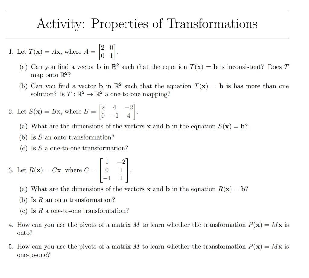 Solved Activity: Properties of Transformations 1. Let T(x) = | Chegg.com
