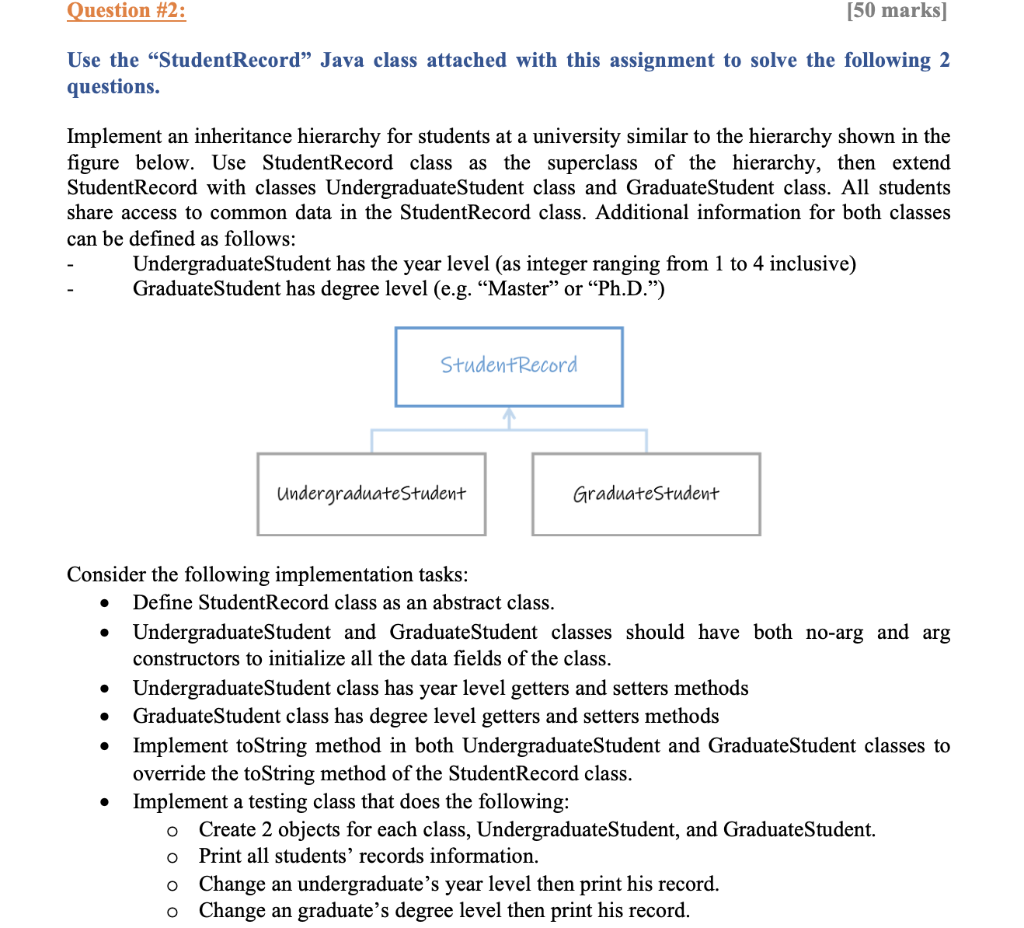 Solved Question #2: [50 marks] Use the “StudentRecord” Java | Chegg.com