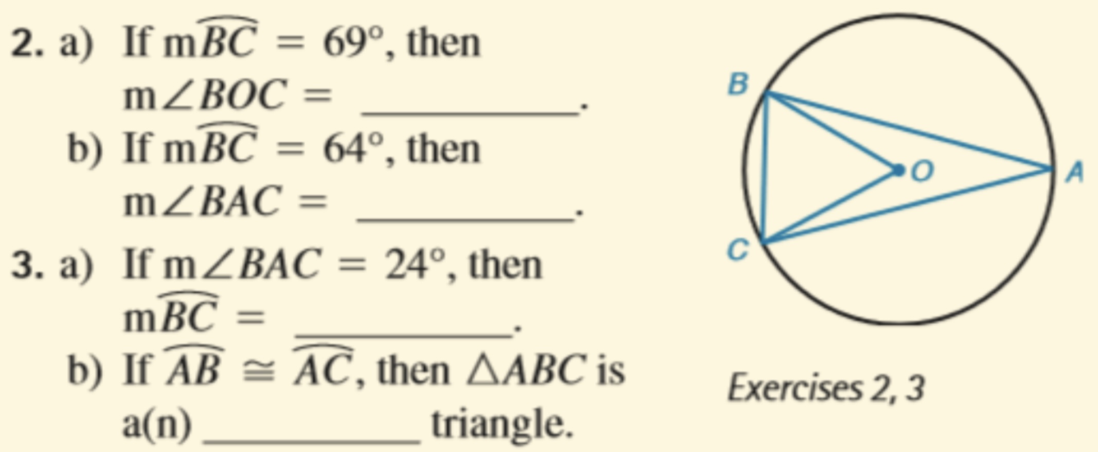 Solved 2. a) If \( m \overparen{B C}=69^{\circ} \), then | Chegg.com