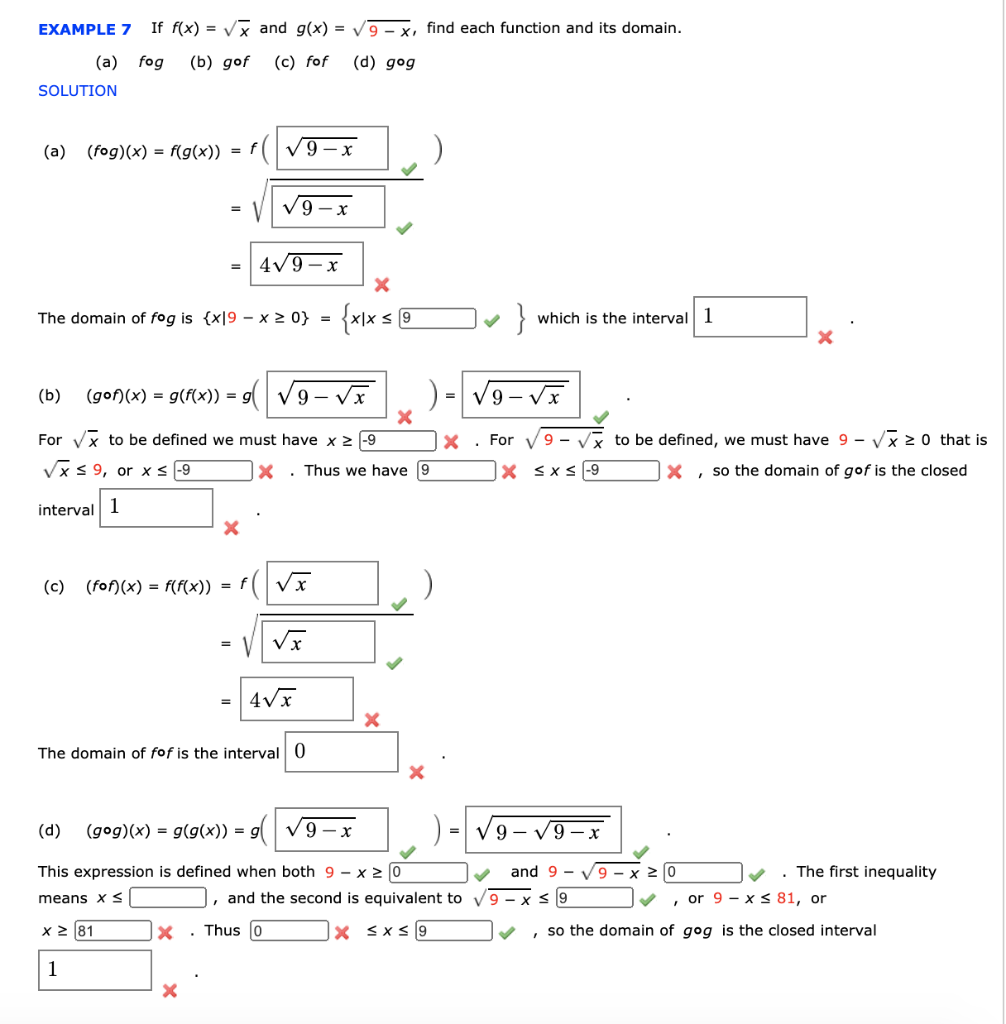 Solved EXAMPLE 7 If f(x) = x and g(x) = 9 - x, find each | Chegg.com