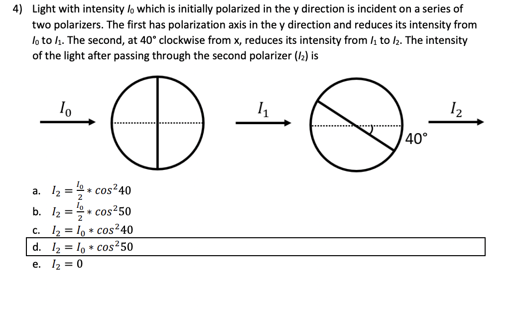Solved Light with intensity I0 ﻿which is initially polarized | Chegg.com