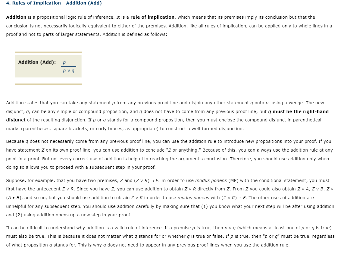 Solved 4. Rules of Implication - Addition (Add) Addition is | Chegg.com