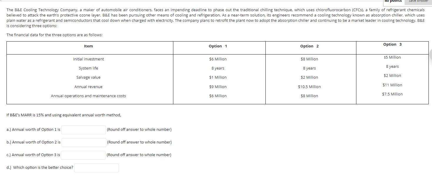 Solved points Save Answe The B&E Cooling Technology Company, | Chegg.com