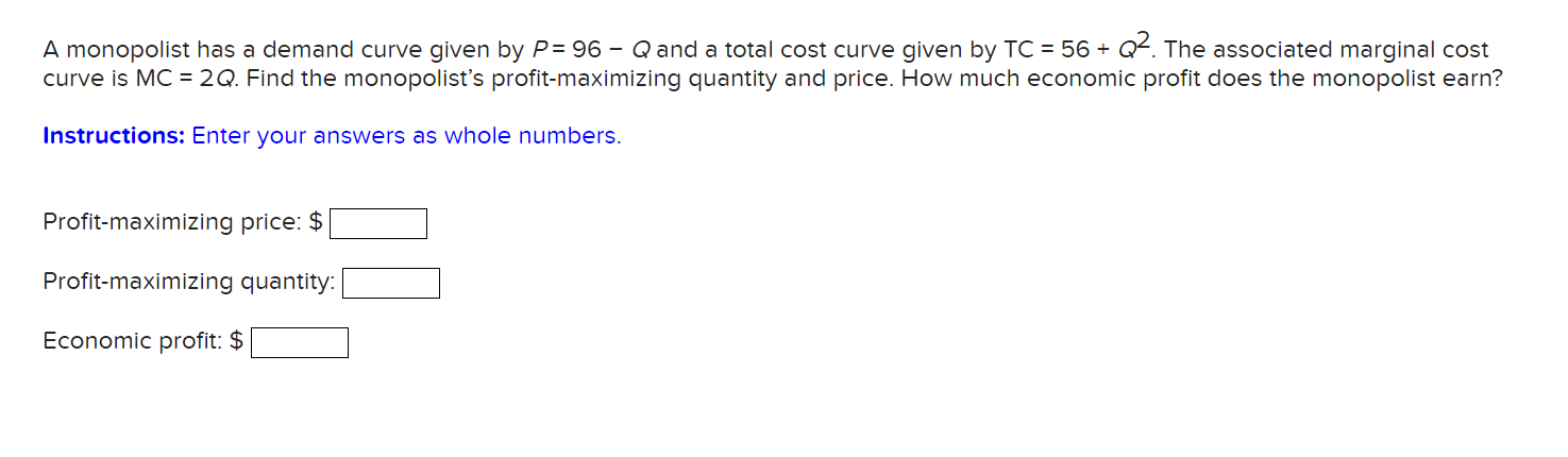 Solved A monopolist has a demand curve given by P= 96 - Q | Chegg.com