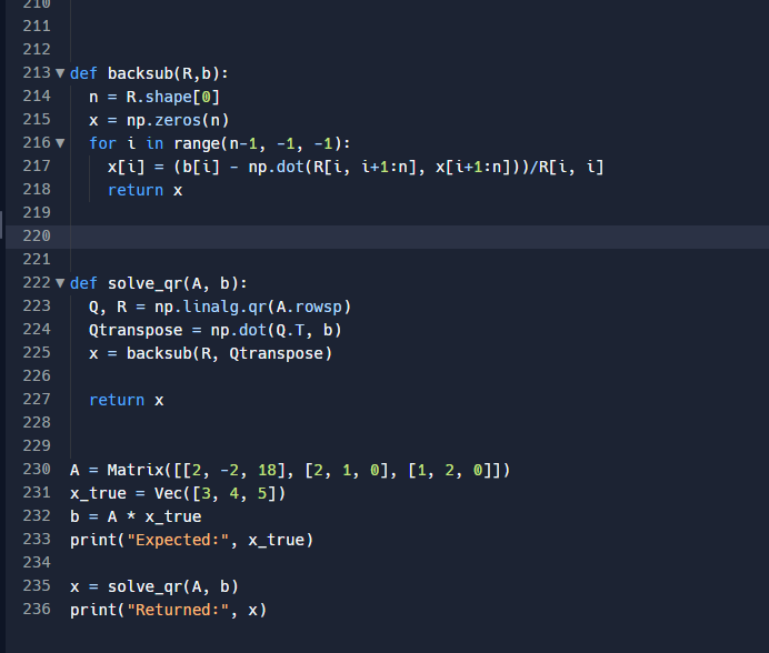 Solved 210 X = 218 211 212 213 v def backsub(R,b): 214 n = | Chegg.com
