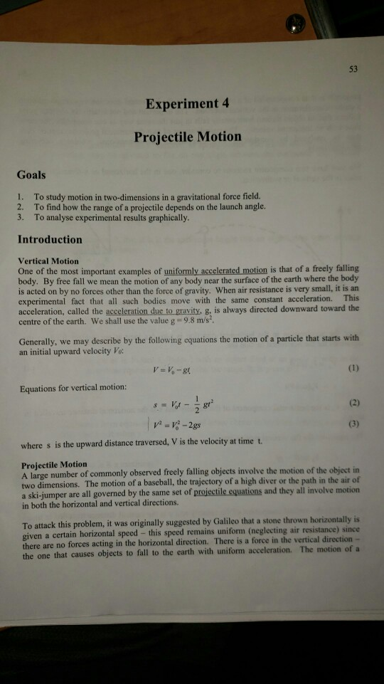Solved Experiment 4 Projectile Motion Goals 1. 2. 3. To | Chegg.com