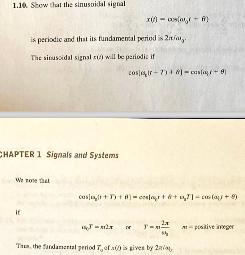 Solved 1.10. Show that the sinusoidal signal x(t) = cos(w,t | Chegg.com