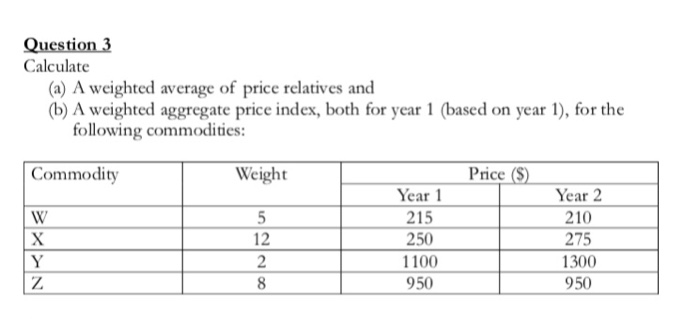 Solved Queson 3 Calculate (a) A weighted average of price | Chegg.com