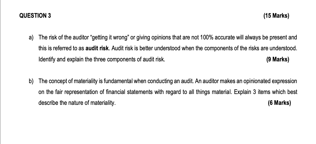 Solved QUESTION 3 (15 Marks) a) The risk of the auditor | Chegg.com