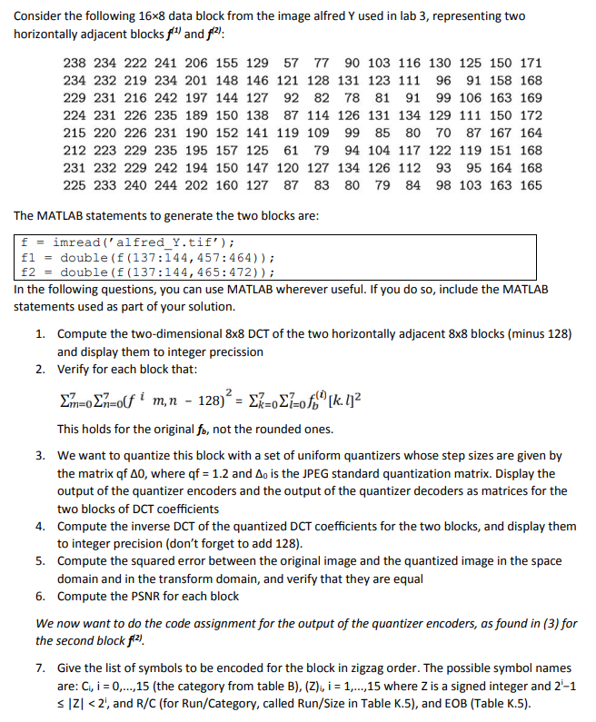 Consider the following 16x8 data block from the image | Chegg.com