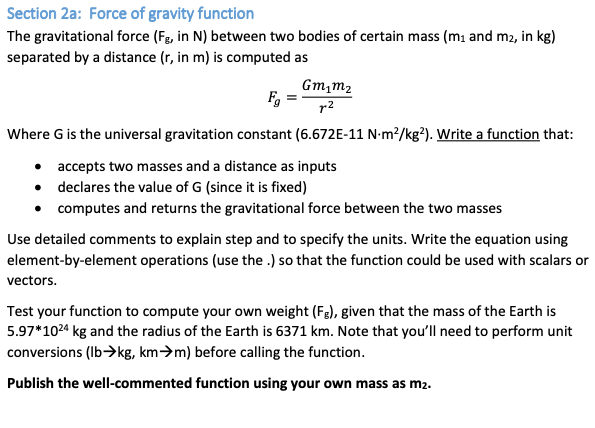 Solved Section 2a: Force of gravity function The | Chegg.com