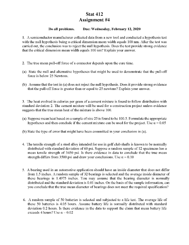 Solved Stat 412 Assignment #4 Do all problems. Due: | Chegg.com