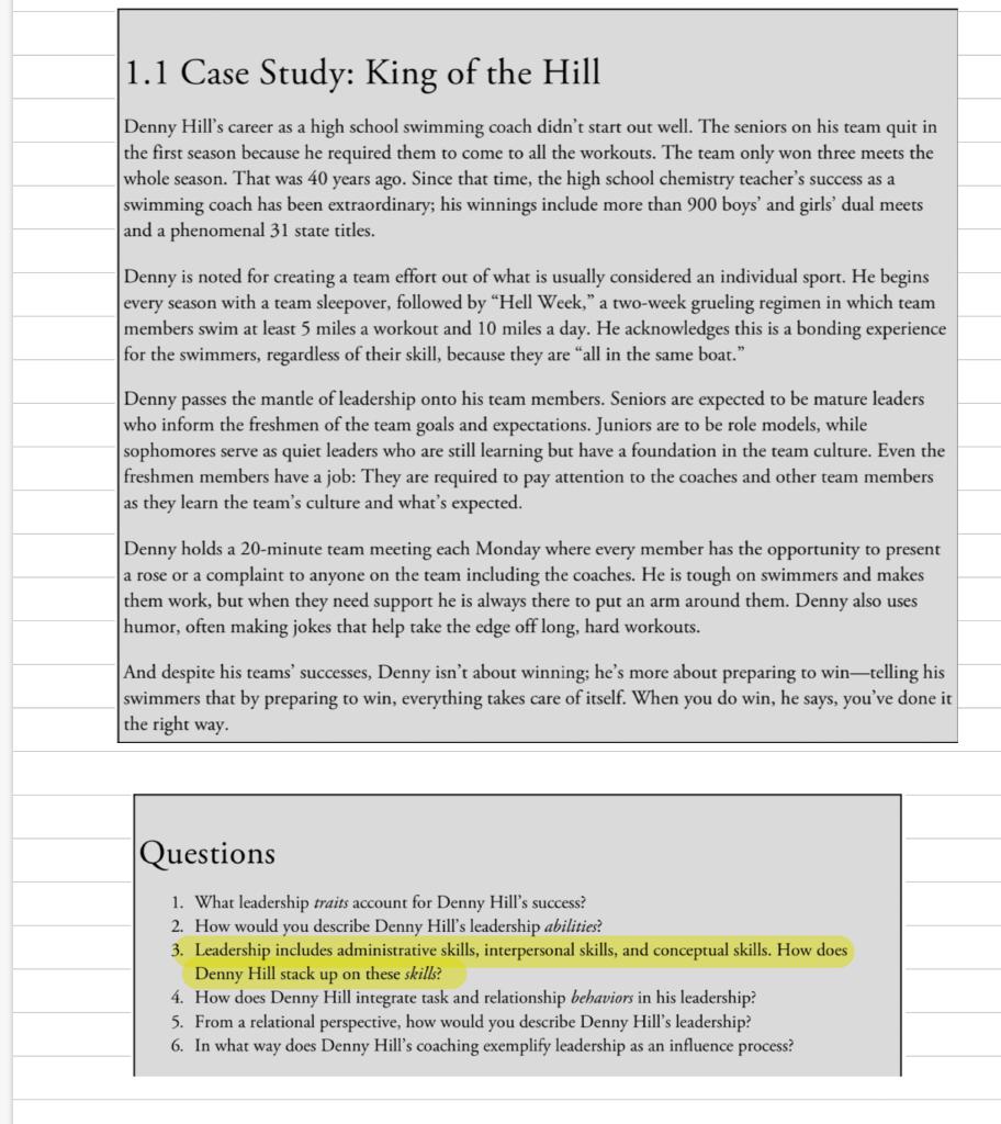 Solved 1.1 Case Study: King of the Hill Denny Hill's career | Chegg.com