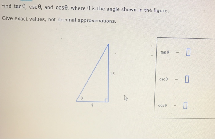 Solved Find tan, csc θ, and cos θ, where Bis the angle shown | Chegg.com