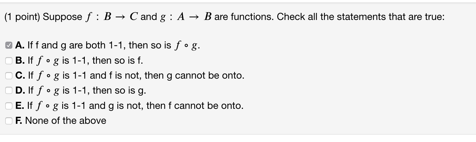 Solved (1 point) Suppose f :B → C and g: A + B are | Chegg.com