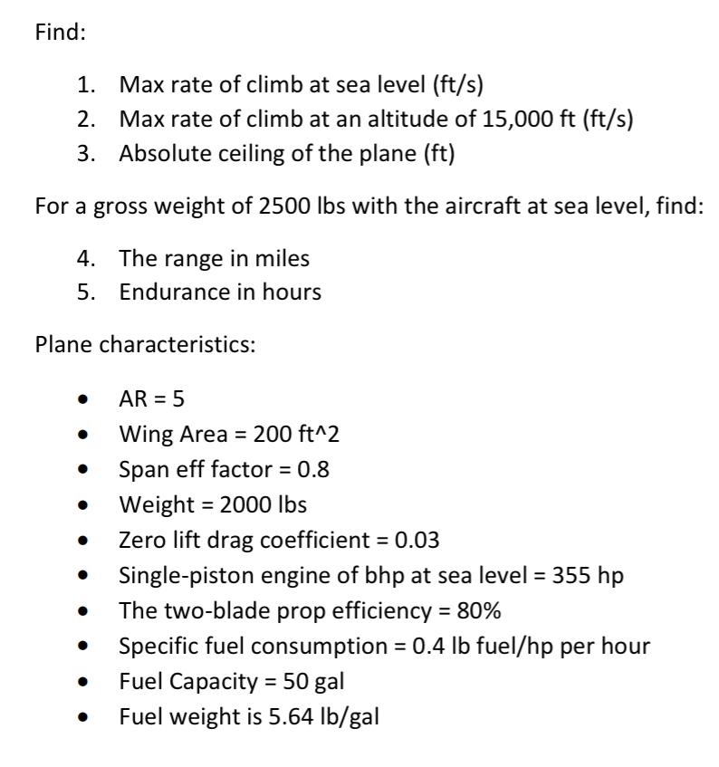 Solved Find: 1. Max rate of climb at sea level (ft/s) 2. Max | Chegg.com