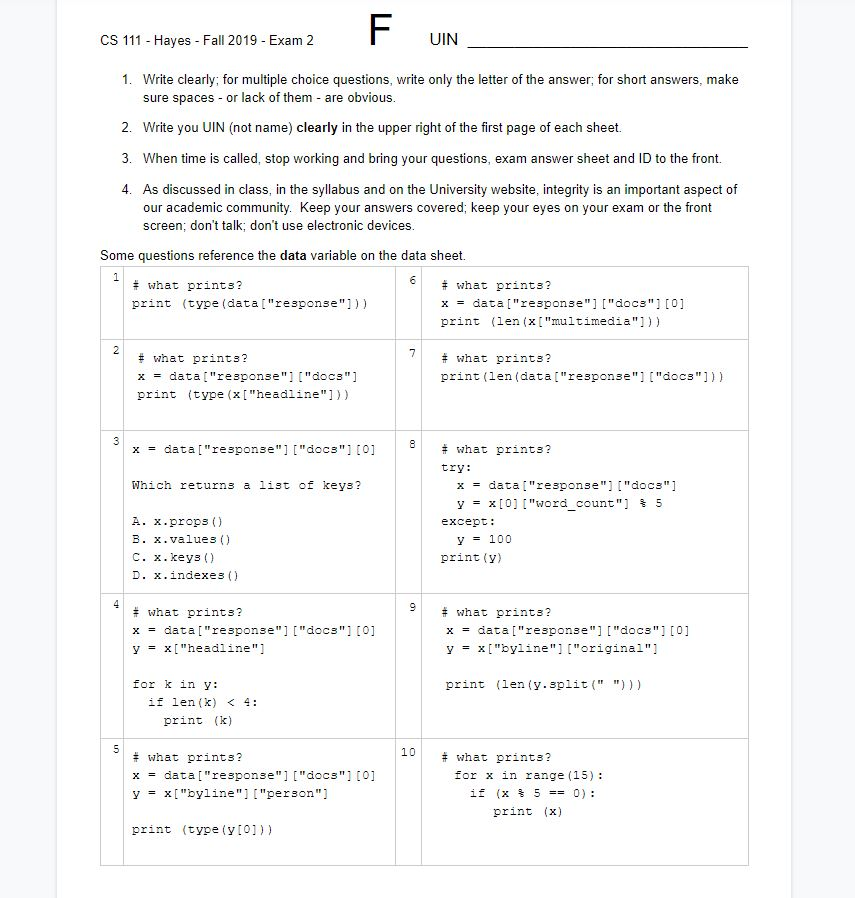 CS 111 - Hayes - Fall 2019 - Exam 2 UIN 1. Write | Chegg.com