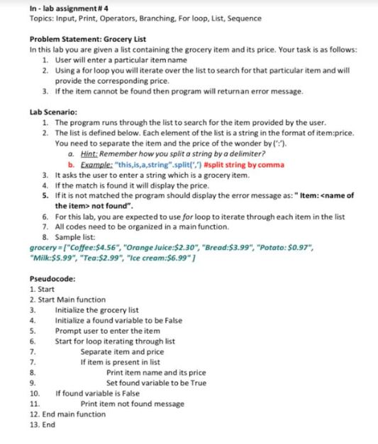 Solved In - lab assignment #4 Topics: Input, Print, | Chegg.com