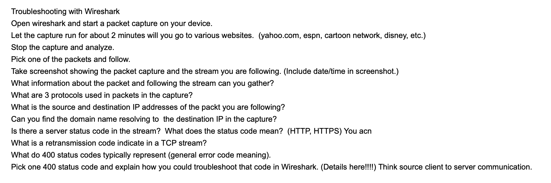 Solved Troubleshooting with Wireshark Open wireshark and | Chegg.com