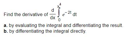 Solved Find the derivative of ddx∫0x4e-2tdta. ﻿by evaluating | Chegg.com