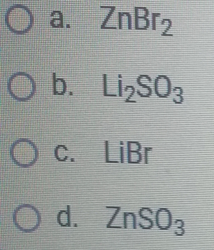 Solved If 0.87mol of ZnBr2 is aadded to 0.84mol of Li2SO3, | Chegg.com