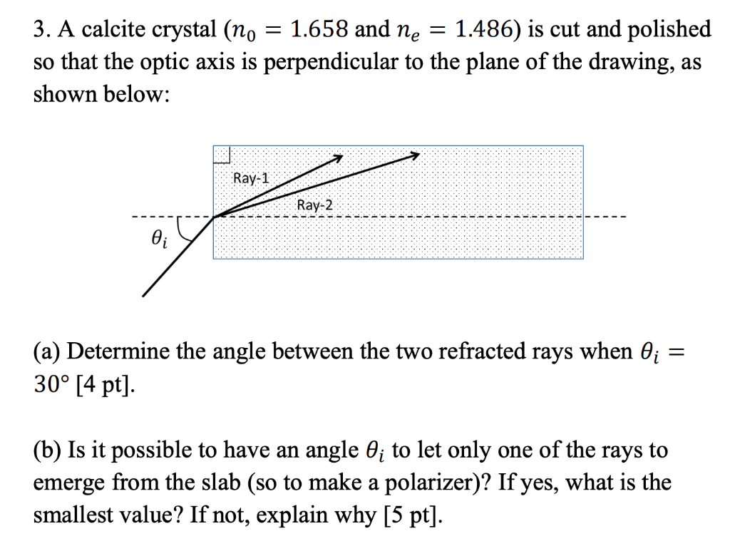 Solved 3. A calcite crystal (no 1.658 and ne = 1.486) is cut | Chegg.com