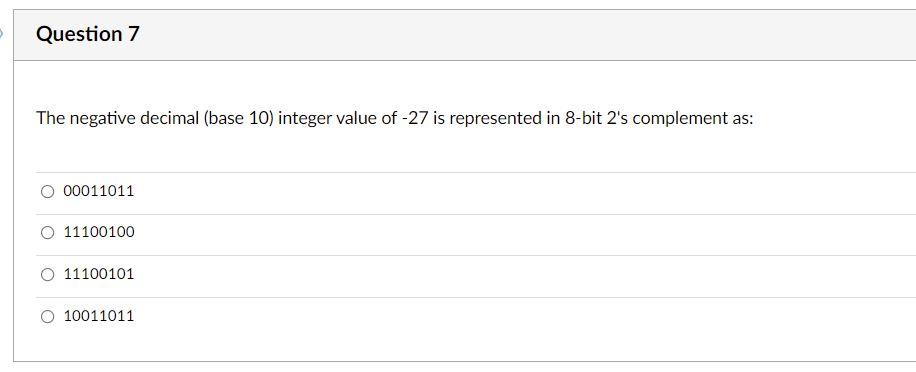 Solved Question 7 The negative decimal (base 10) integer | Chegg.com
