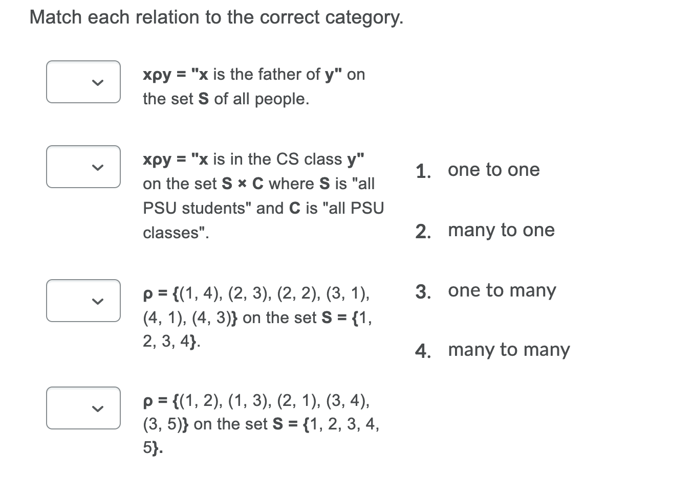 Solved Match each relation to the correct category. xpy = "x | Chegg.com