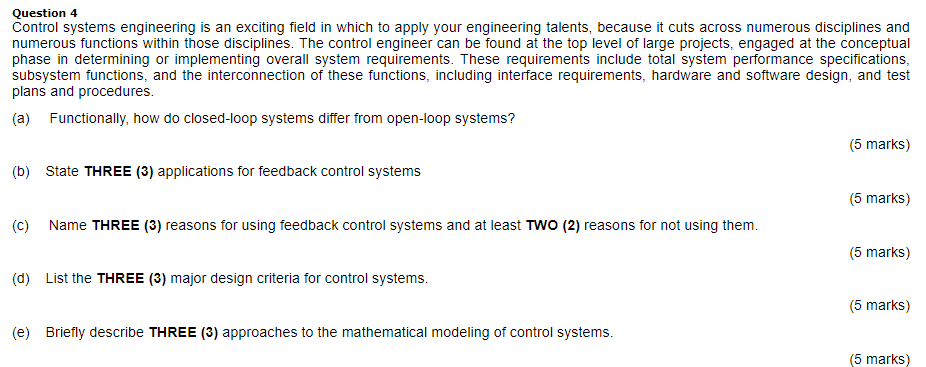 Solved Question 4 Control systems engineering is an exciting | Chegg.com