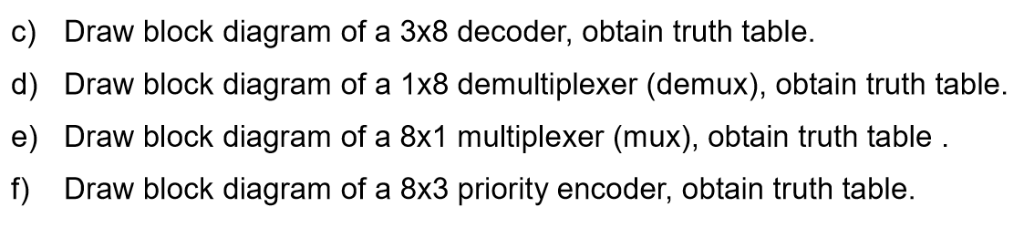 Solved c) d) e) f) Draw block diagram of a 3x8 decoder, | Chegg.com