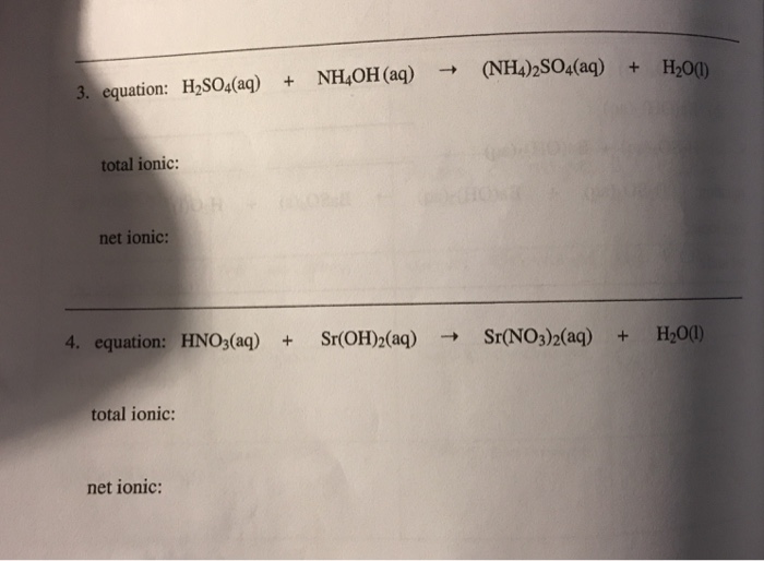 Solved NH4OH (aq) (NH4)2SO4(aq) H2O 3. equation: H2SO4(aq) + | Chegg.com