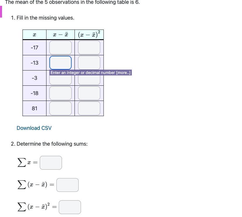 Solved 1. Fill in the missing values. Download CSV 2. | Chegg.com